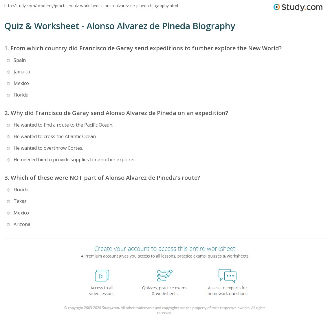 Quiz & Worksheet - Alonso Alvarez de Pineda Biography | Study.com