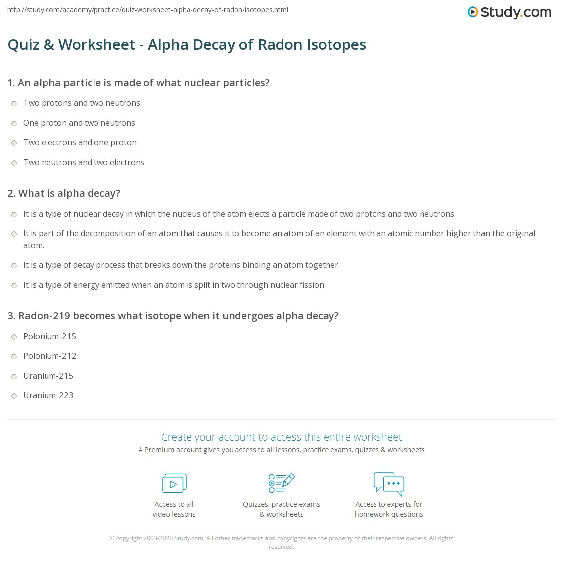Quiz & Worksheet - Alpha Decay of Radon Isotopes | Study.com