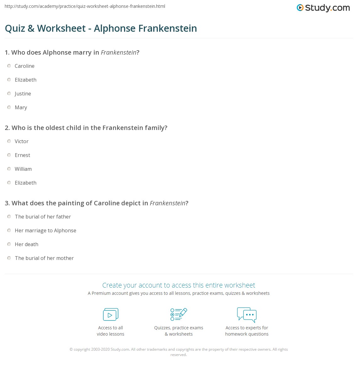 Quiz & Worksheet - Alphonse Frankenstein | Study.com