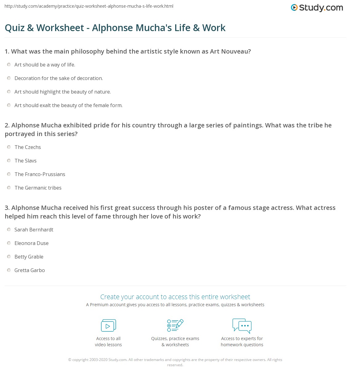 Quiz & Worksheet - Alphonse Mucha's Life & Work | Study.com