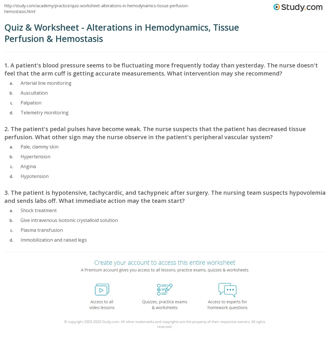 Quiz & Worksheet - Alterations in Hemodynamics, Tissue Perfusion ...