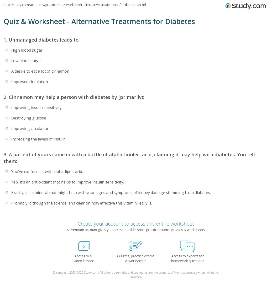 Quiz & Worksheet - Alternative Treatments for Diabetes | Study.com