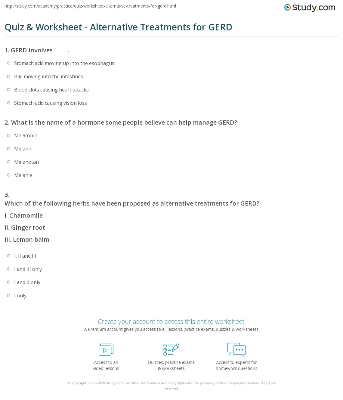 Quiz & Worksheet - Alternative Treatments for GERD | Study.com
