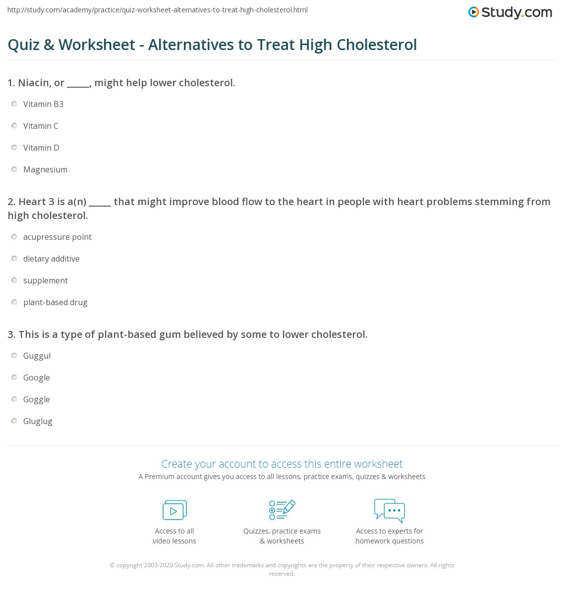 Quiz & Worksheet - Alternatives to Treat High Cholesterol | Study.com
