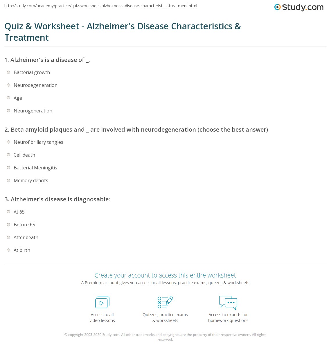 Quiz & Worksheet - Alzheimer's Disease Characteristics & Treatment ...