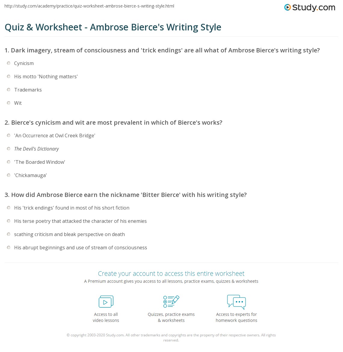 Quiz & Worksheet - Ambrose Bierce's Writing Style | Study.com