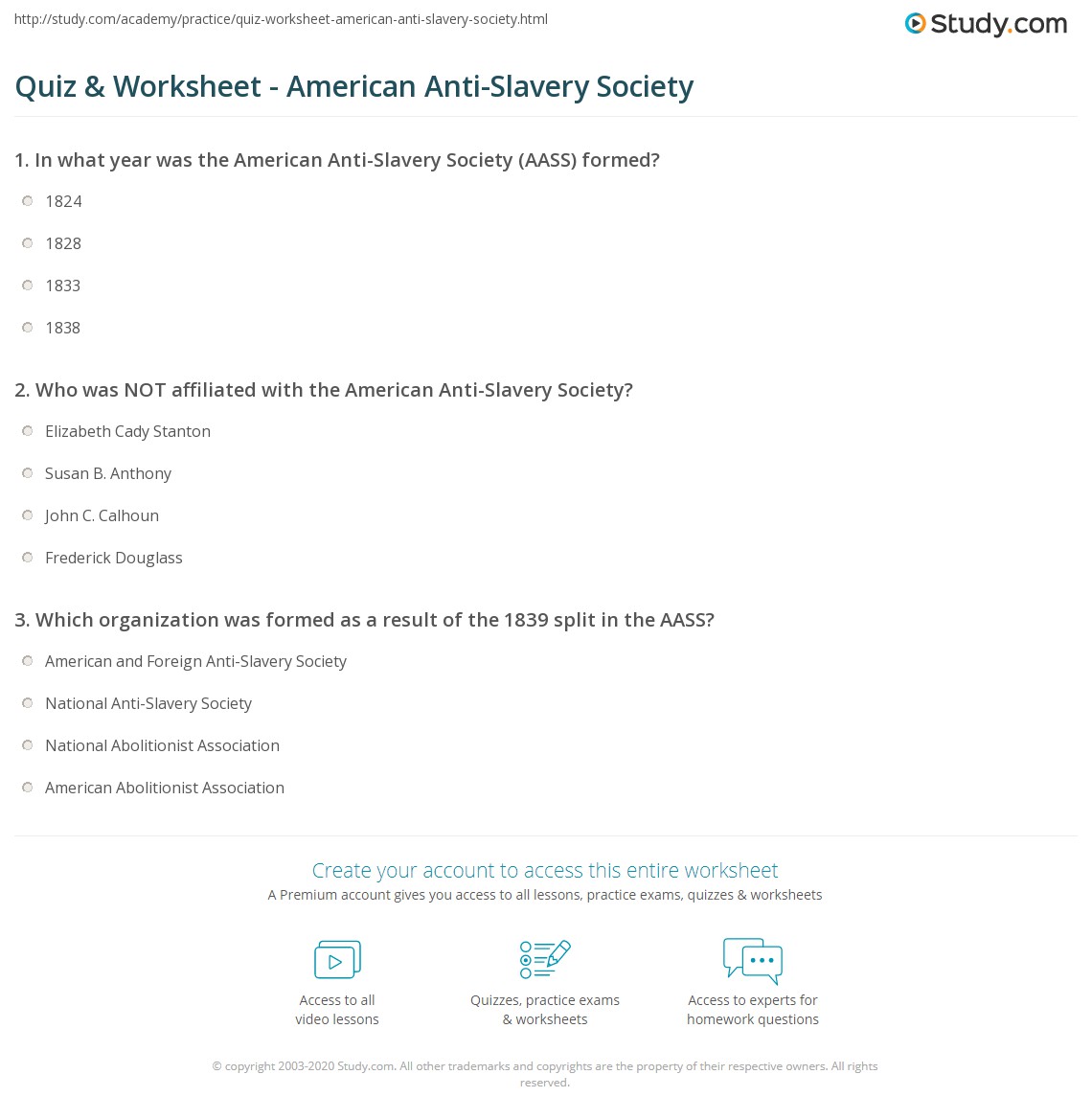Quiz & Worksheet - American Anti-Slavery Society | Study.com