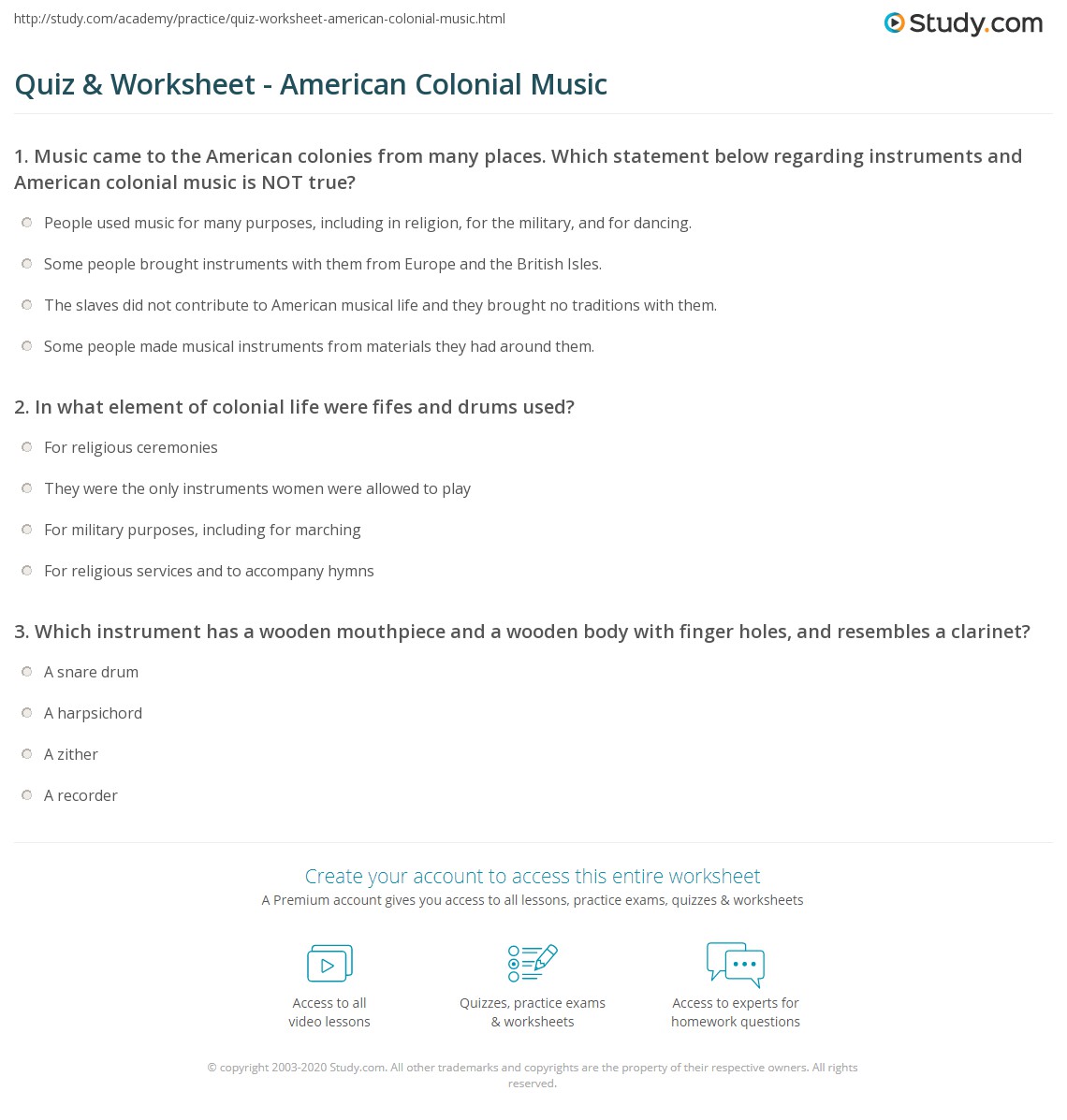 Quiz & Worksheet - American Colonial Music | Study.com