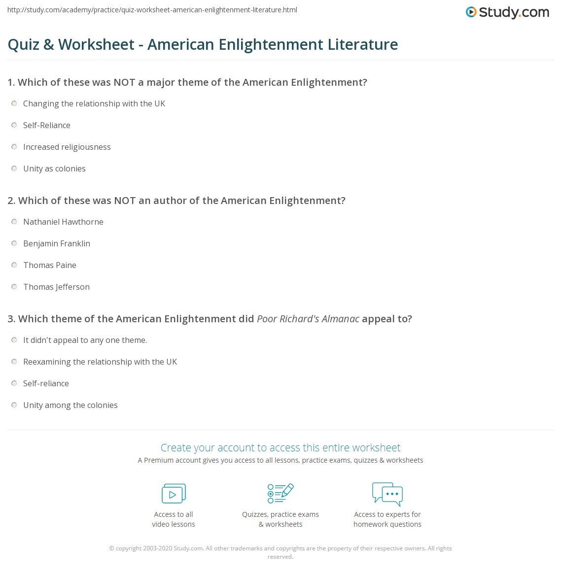 Quiz & Worksheet - American Enlightenment Literature | Study.com