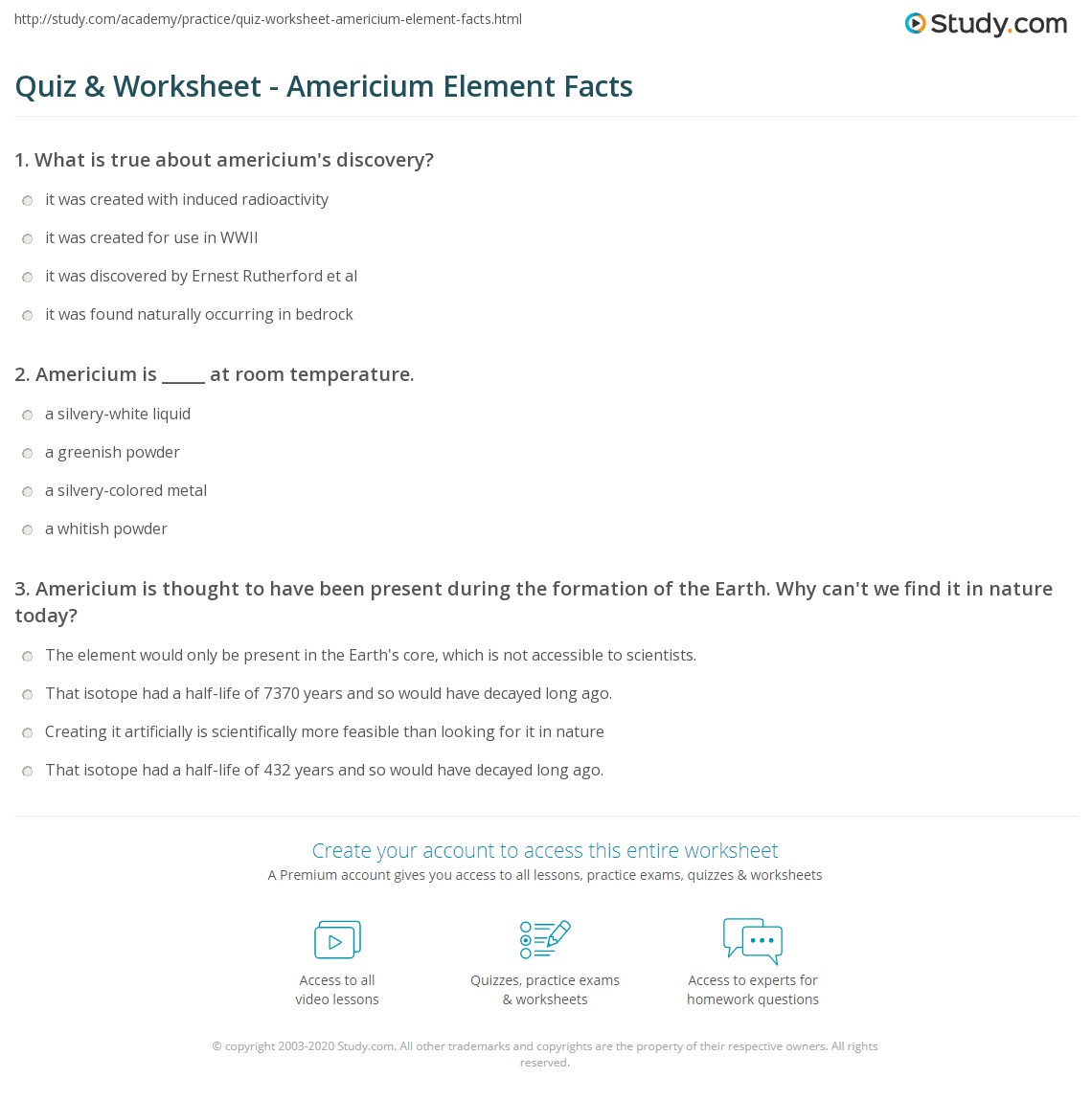 Quiz & Worksheet - Americium Element Facts | Study.com