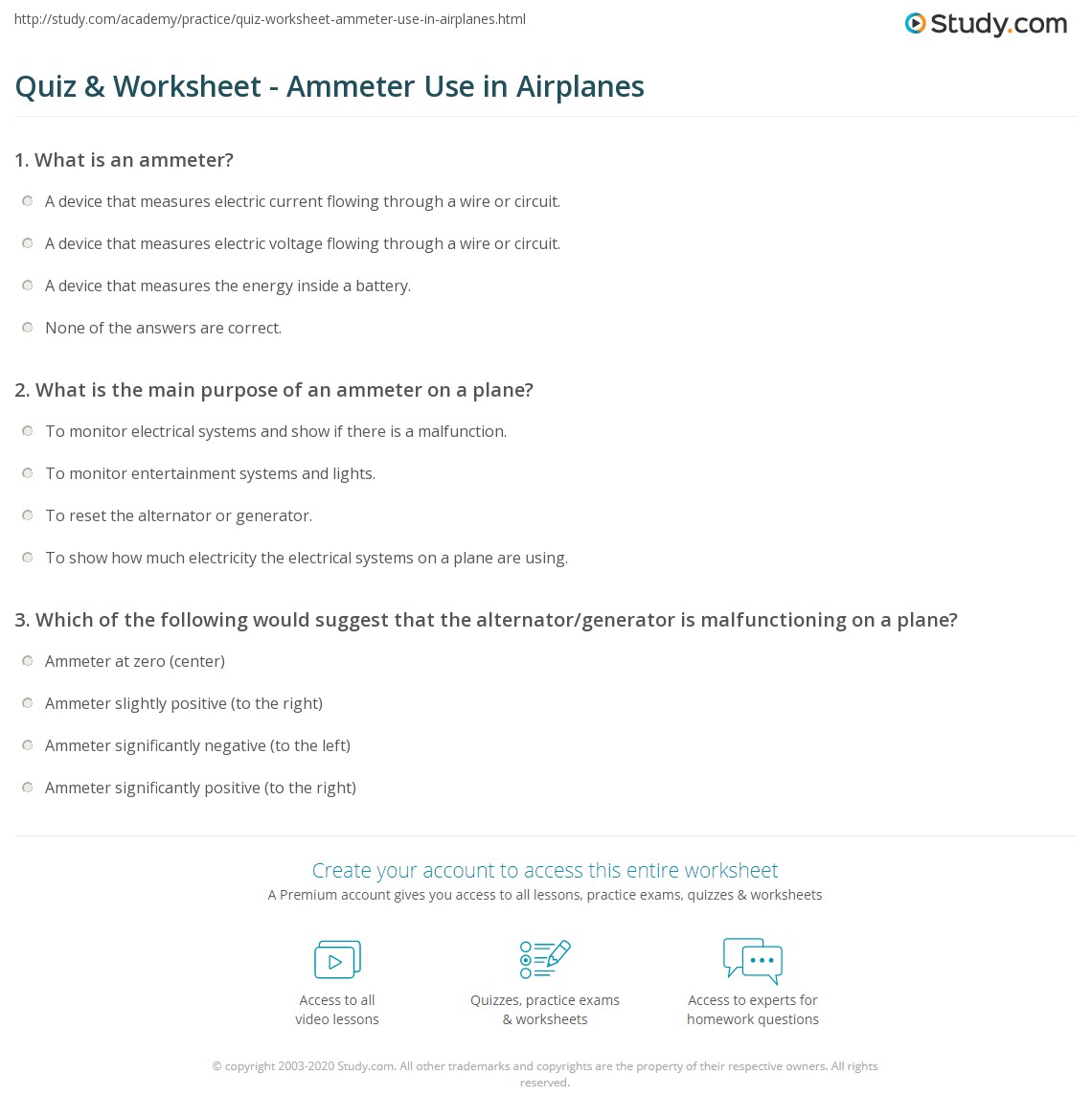 Quiz & Worksheet - Ammeter Use in Airplanes | Study.com