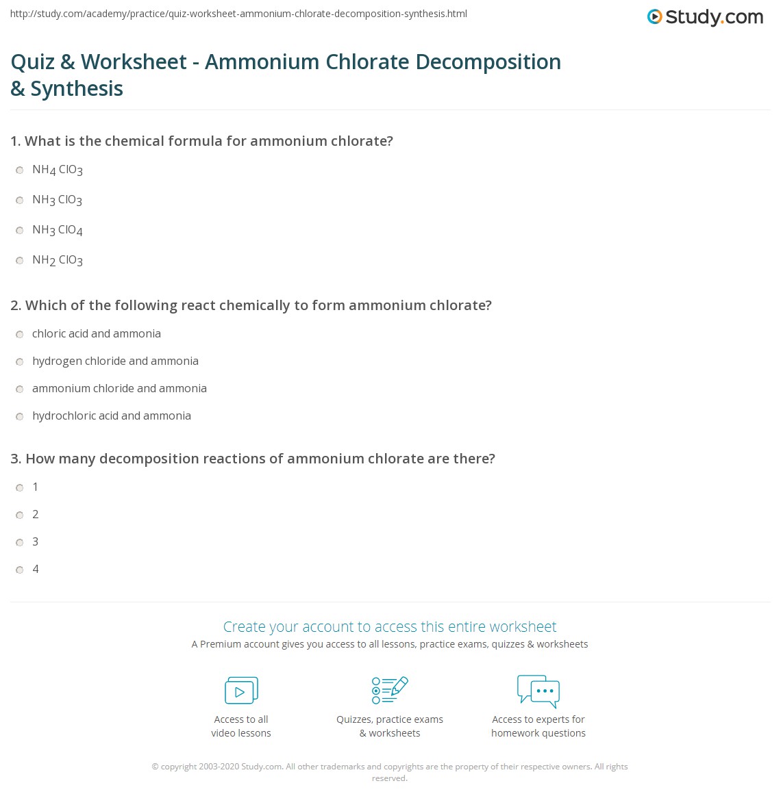 Quiz & Worksheet - Ammonium Chlorate Decomposition & Synthesis | Study.com
