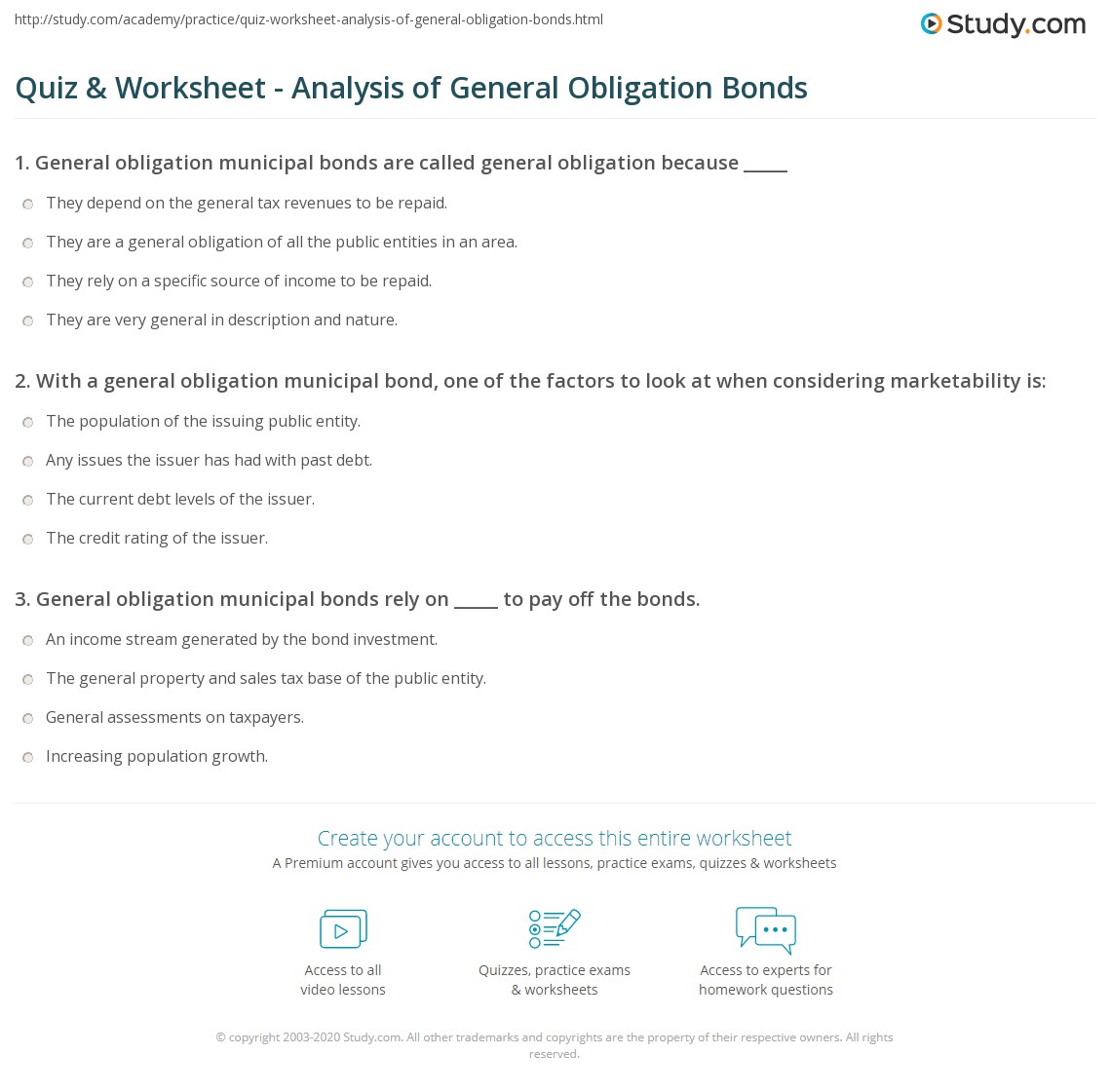 Quiz & Worksheet - Analysis of General Obligation Bonds | Study.com