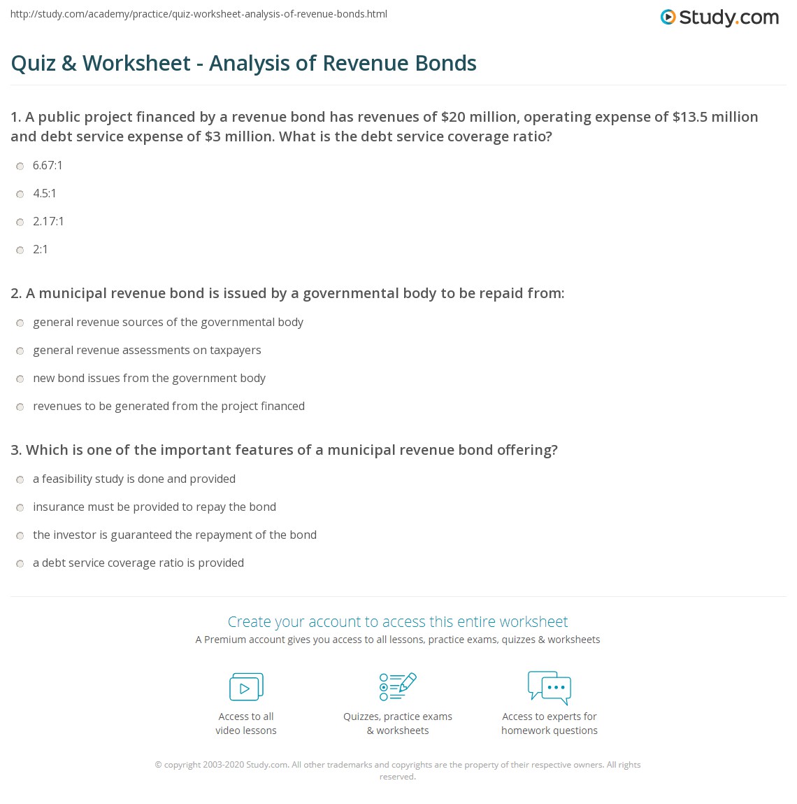 Quiz & Worksheet - Analysis of Revenue Bonds | Study.com