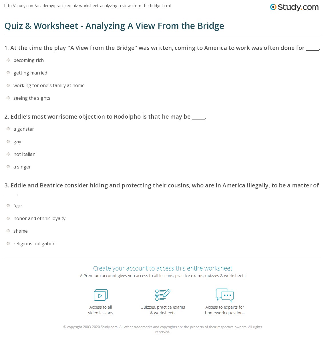 Quiz & Worksheet - Analyzing A View From the Bridge | Study.com