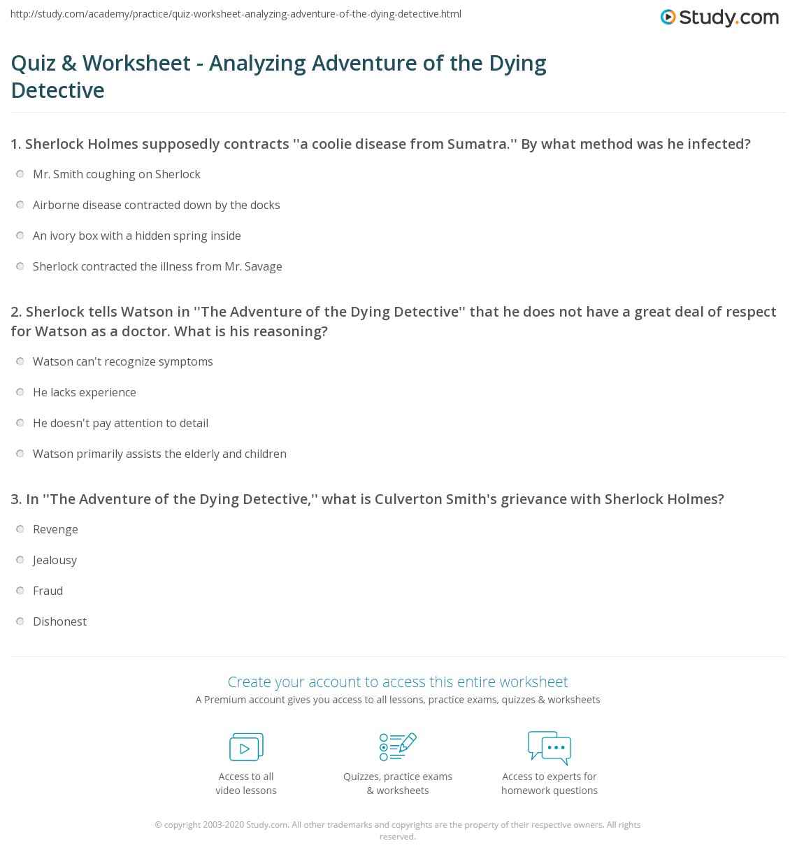 Quiz & Worksheet - Analyzing Adventure of the Dying Detective | Study.com