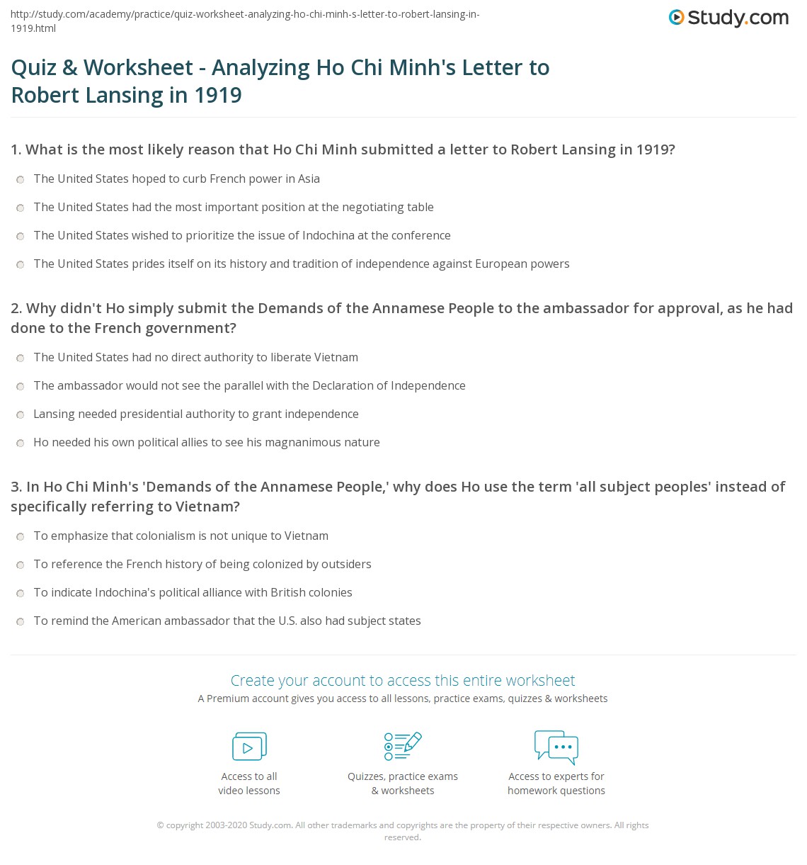 Quiz & Worksheet - Analyzing Ho Chi Minh's Letter to Robert Lansing in ...