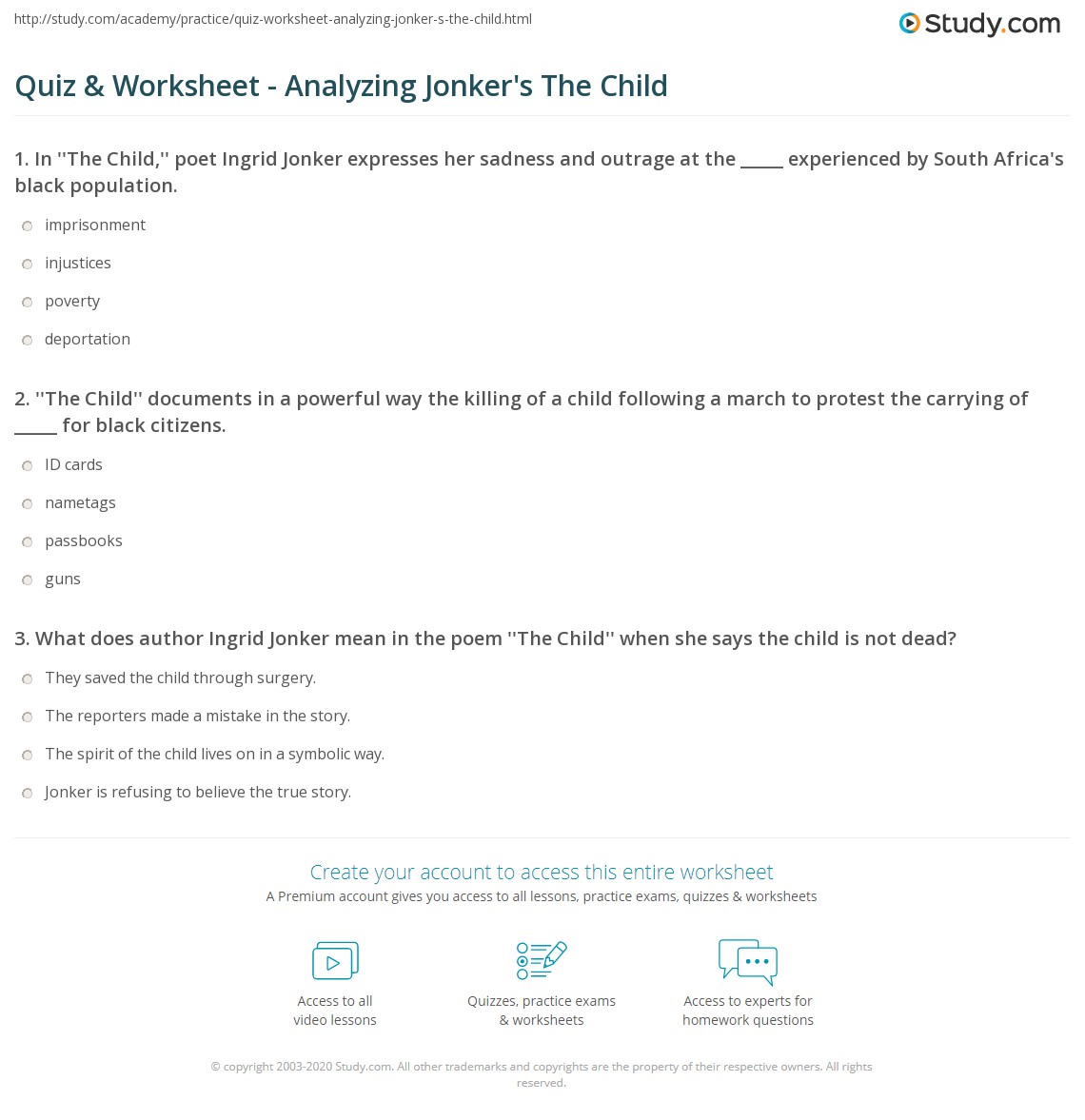 Quiz & Worksheet - Analyzing Jonker's The Child | Study.com
