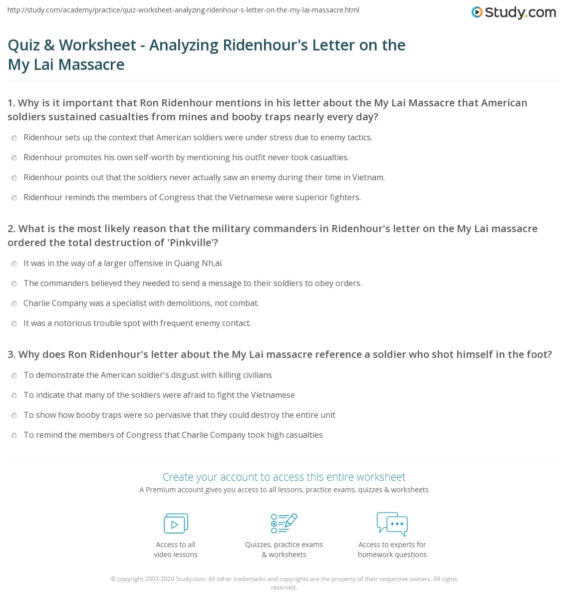 Quiz & Worksheet - Analyzing Ridenhour's Letter on the My Lai Massacre ...