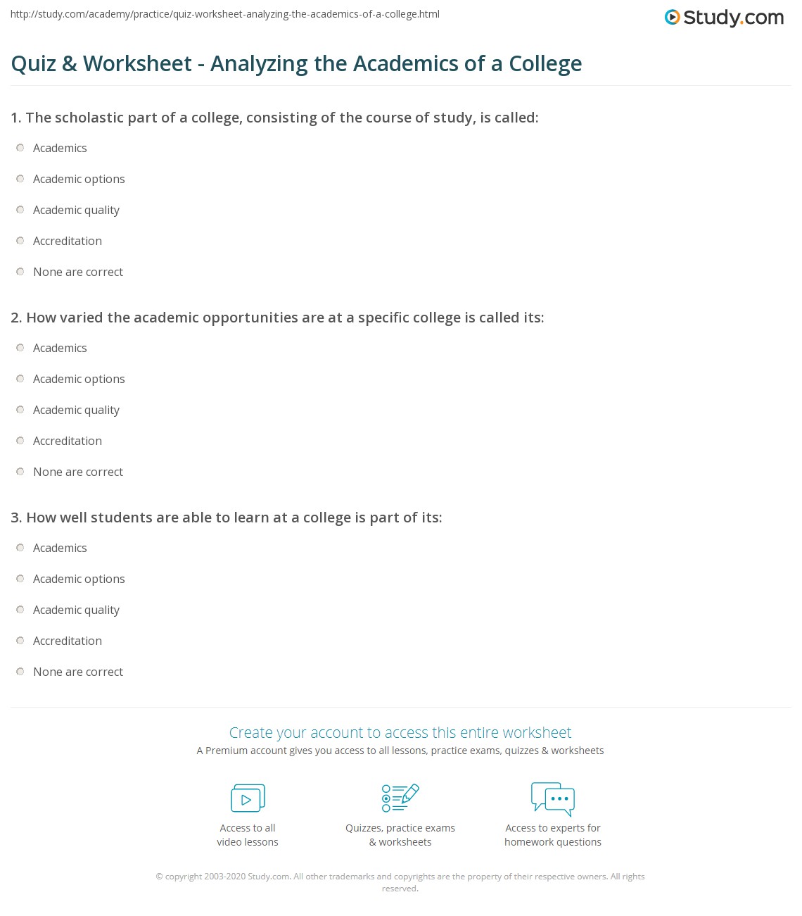 Quiz & Worksheet - Analyzing the Academics of a College | Study.com