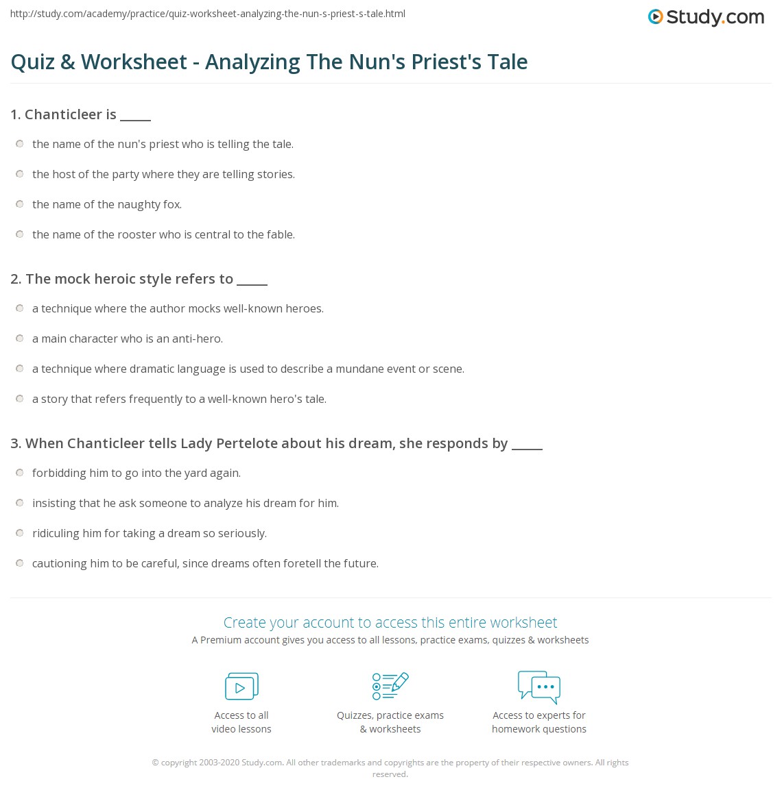 Quiz & Worksheet - Analyzing The Nun's Priest's Tale | Study.com