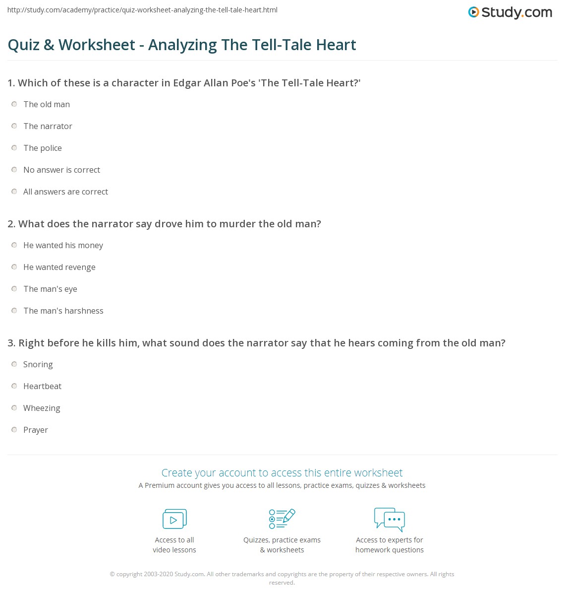 Quiz Worksheet Analyzing The Tell Tale Heart Study Quiz Worksheet Analyzing The Tell Tale Heart Study