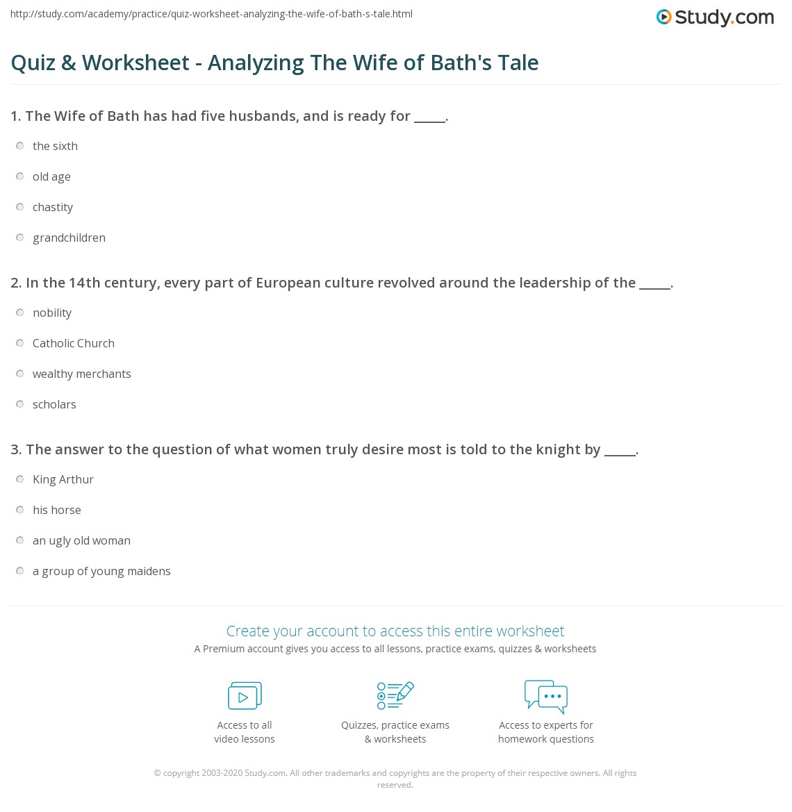 Quiz & Worksheet - Analyzing The Wife of Bath's Tale | Study.com