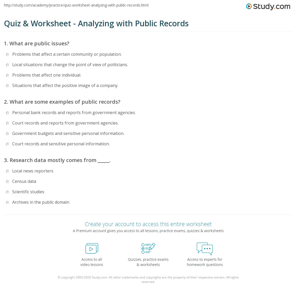 Quiz & Worksheet - Analyzing with Public Records | Study.com