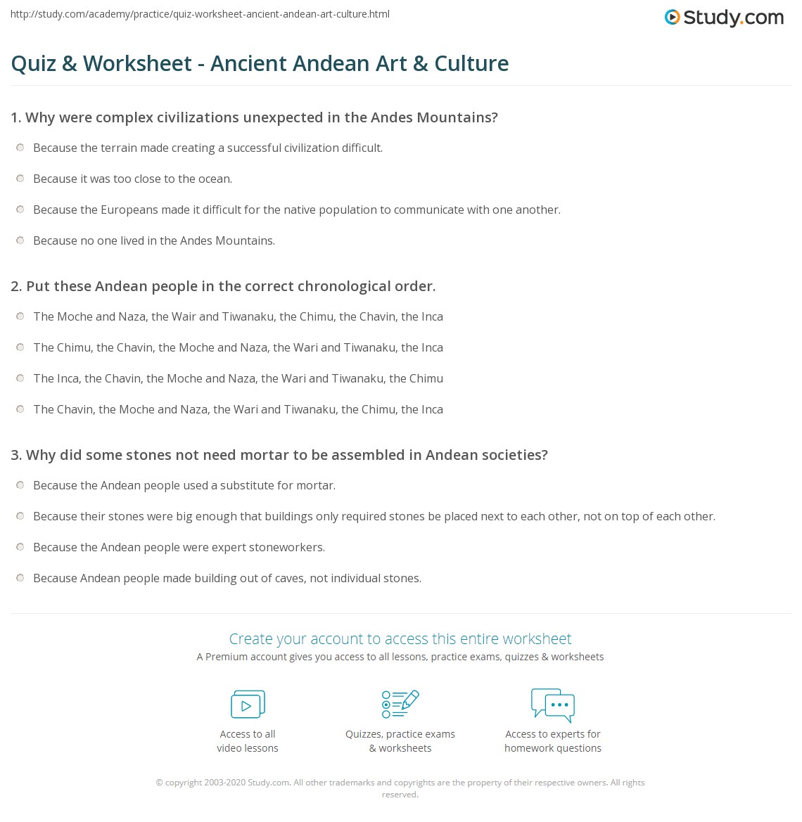 Quiz & Worksheet - Ancient Andean Art & Culture | Study.com