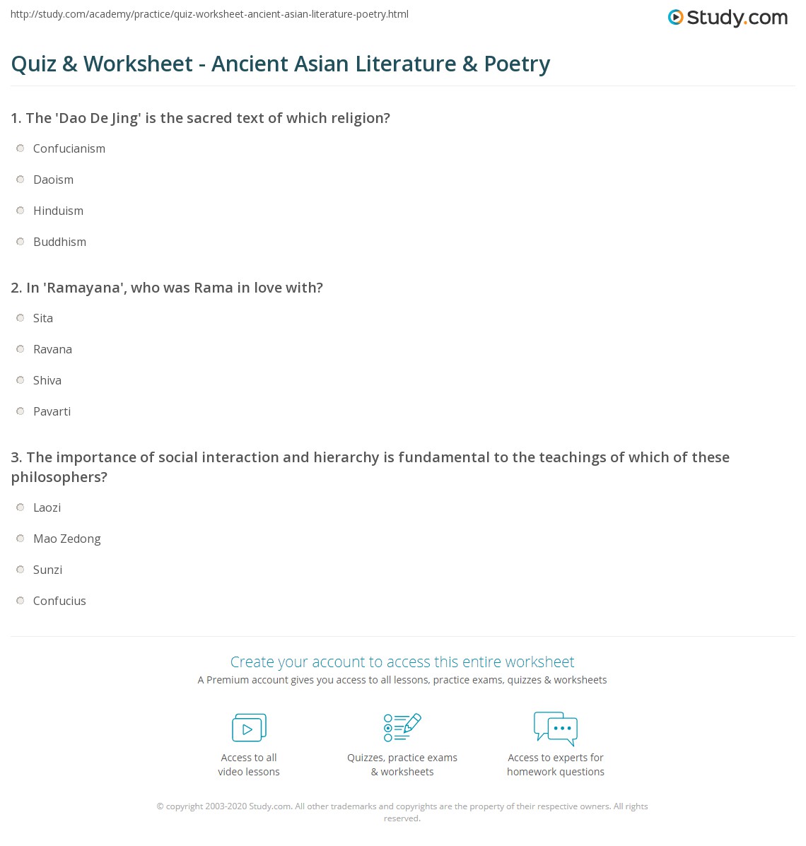 Quiz & Worksheet - Ancient Asian Literature & Poetry | Study.com