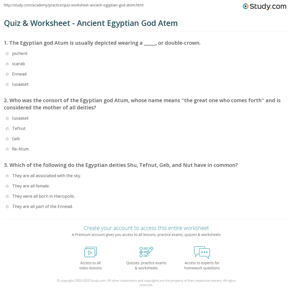 Quiz & Worksheet - Ancient Egyptian God Atem | Study.com