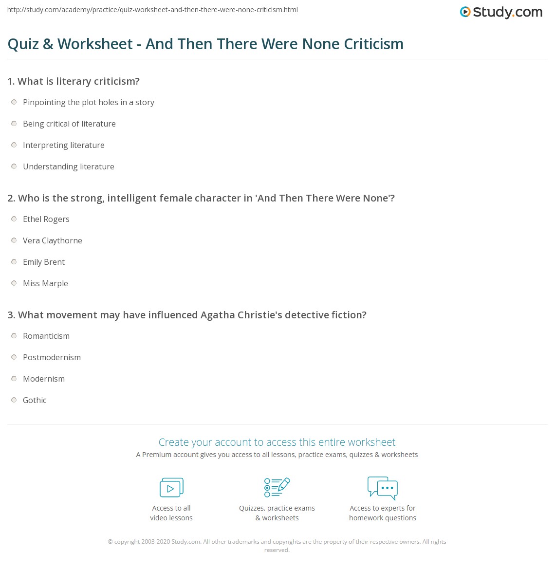 Quiz & Worksheet - And Then There Were None Criticism | Study.com