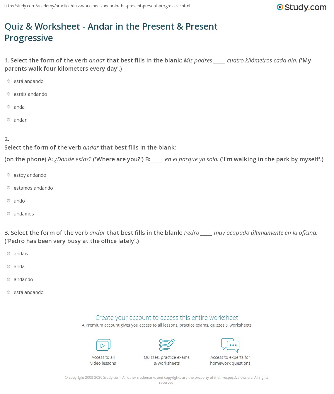 Quiz & Worksheet - Andar in the Present & Present Progressive | Study.com