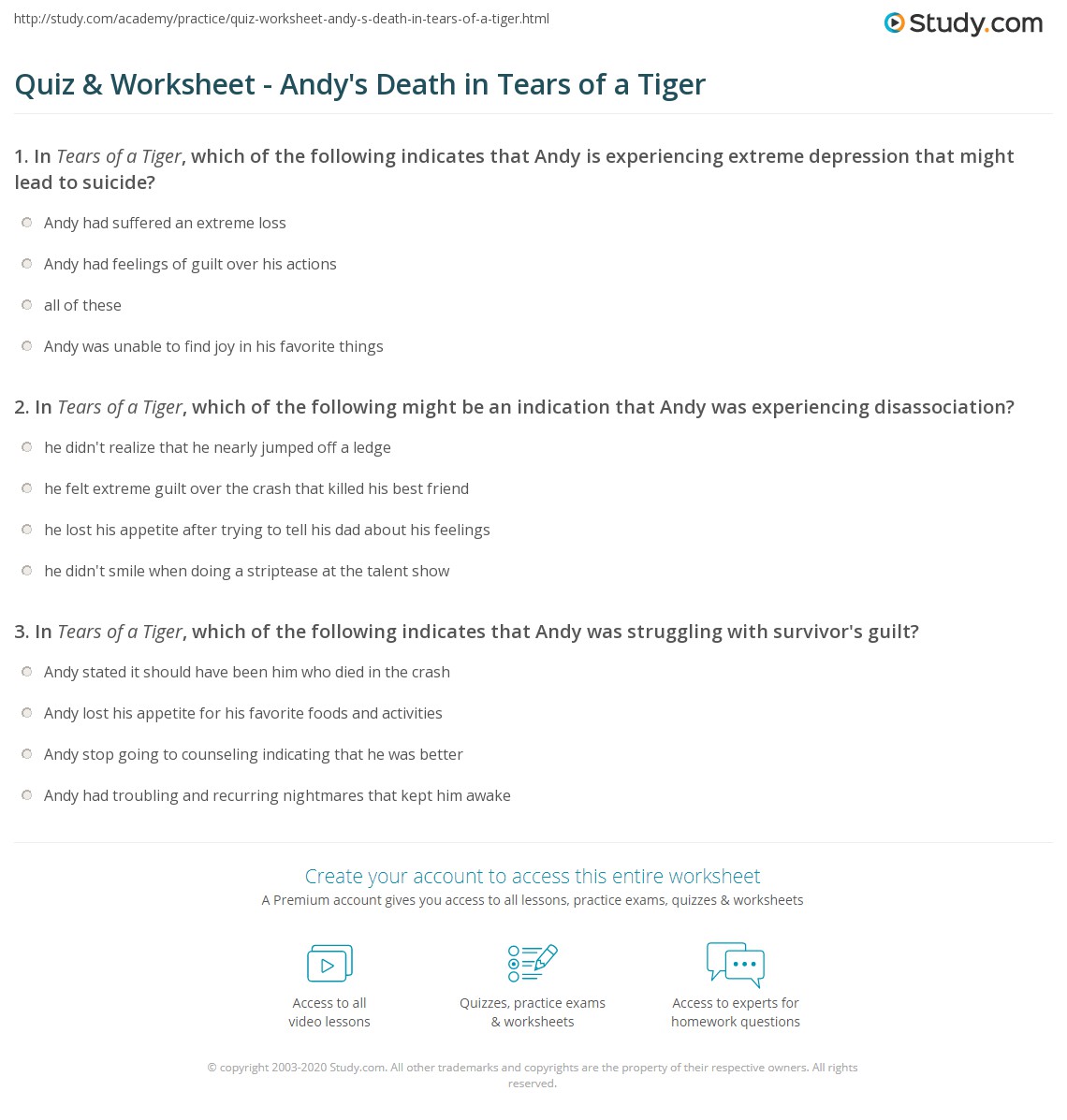 Quiz & Worksheet - Andy's Death in Tears of a Tiger | Study.com