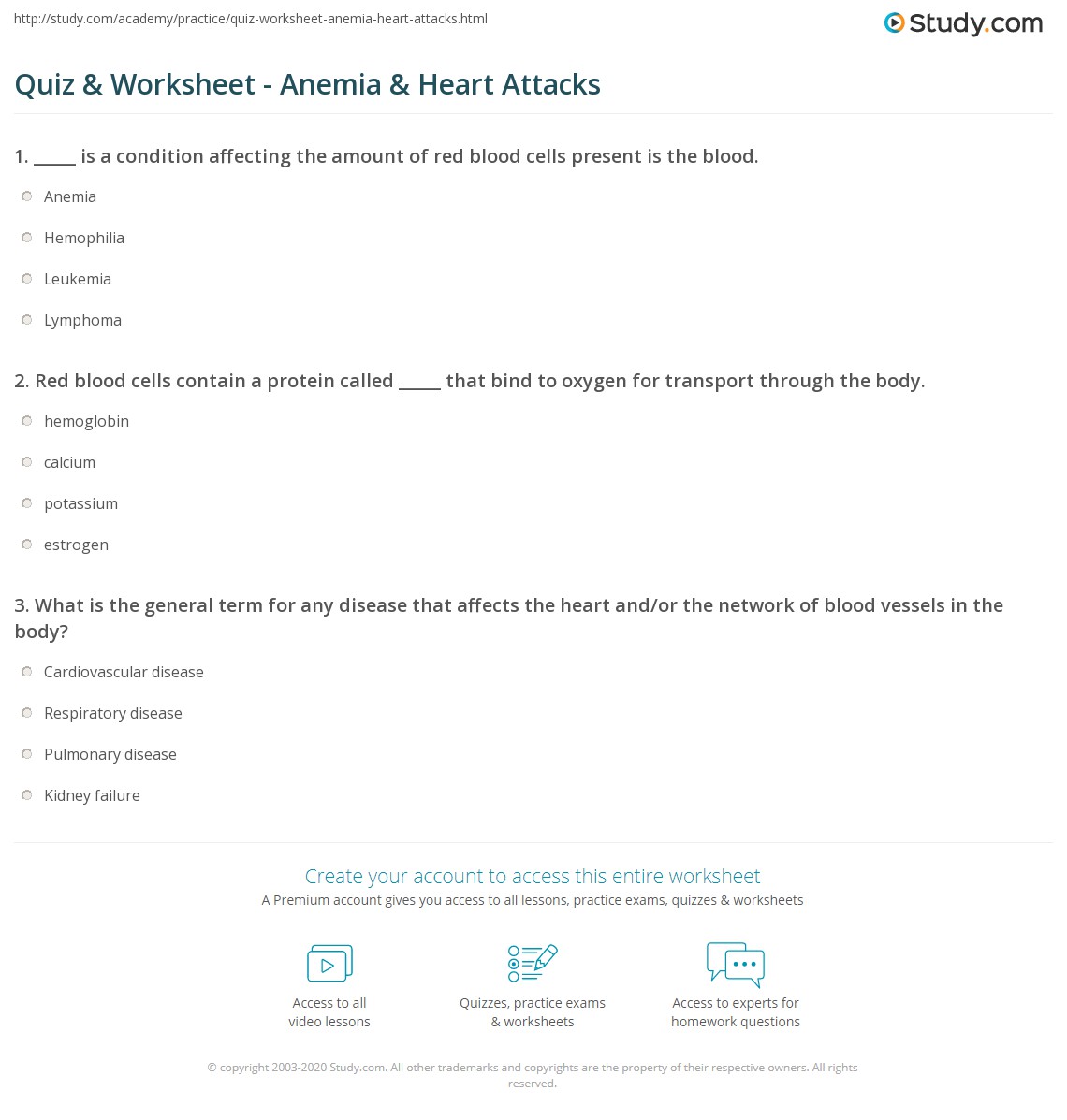 Quiz & Worksheet - Anemia & Heart Attacks | Study.com