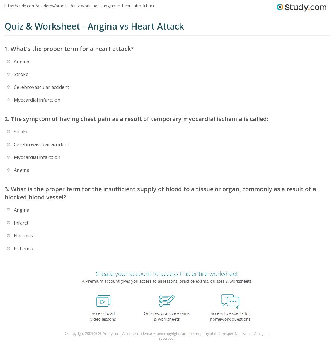 Quiz & Worksheet - Angina vs Heart Attack | Study.com