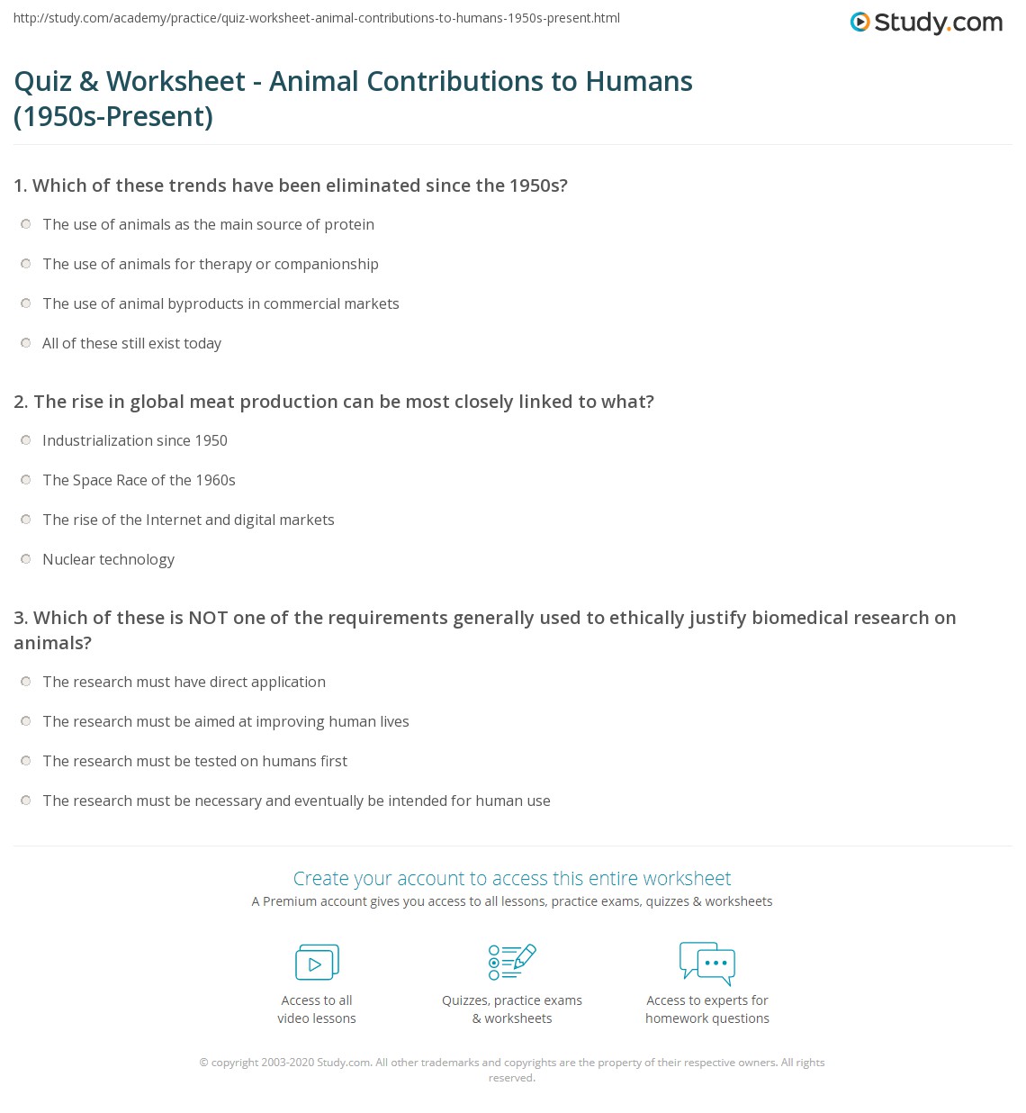 Quiz & Worksheet - Animal Contributions to Humans (1950s-Present ...