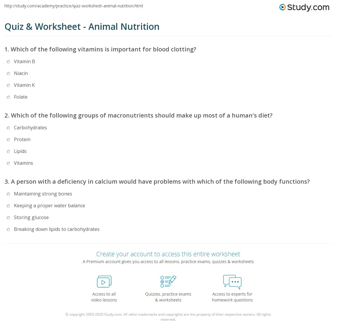 Quiz Worksheet Animal Nutrition Study Quiz Worksheet Animal Nutrition Study