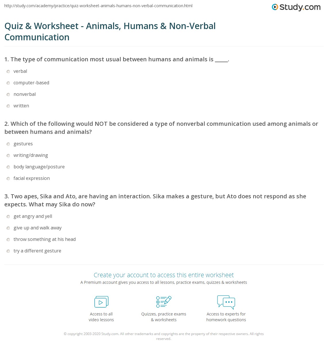 Quiz & Worksheet - Animals, Humans & Non-Verbal Communication | Study.com