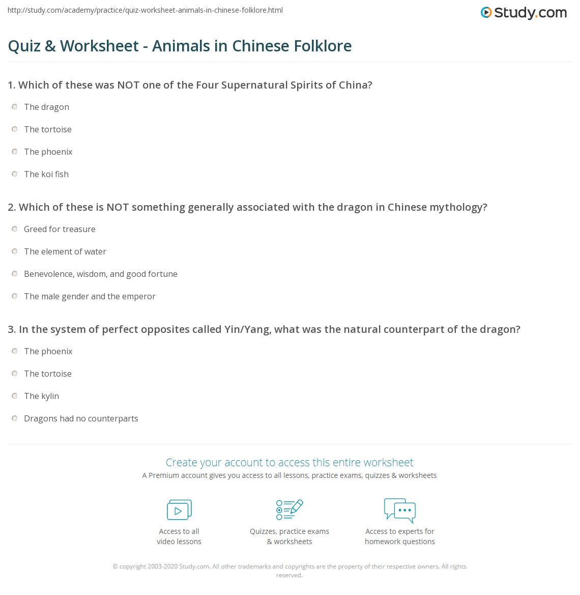 Quiz & Worksheet - Animals in Chinese Folklore | Study.com
