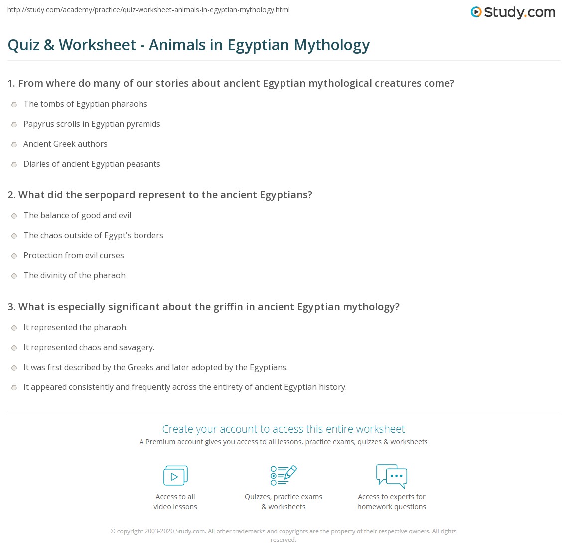 Quiz & Worksheet - Animals in Egyptian Mythology | Study.com