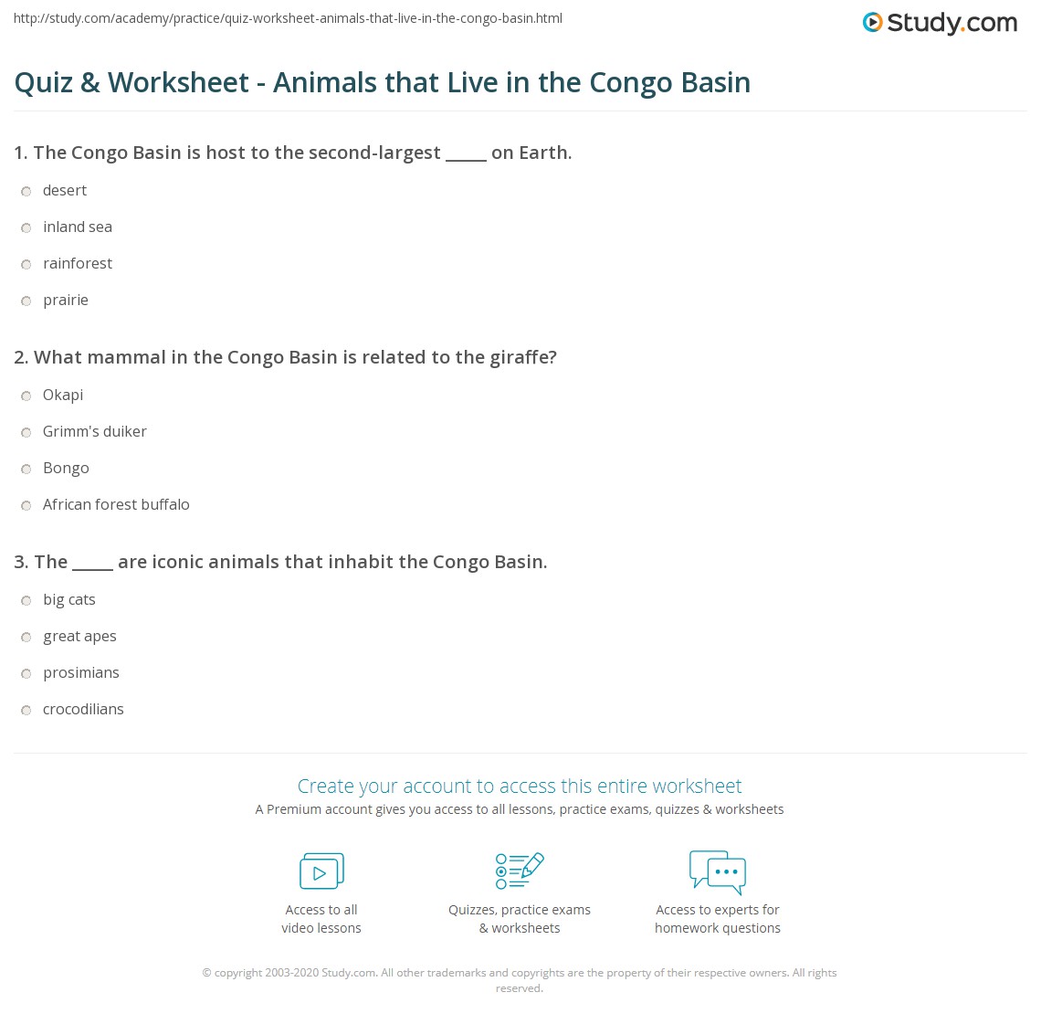 Quiz & Worksheet - Animals that Live in the Congo Basin | Study.com