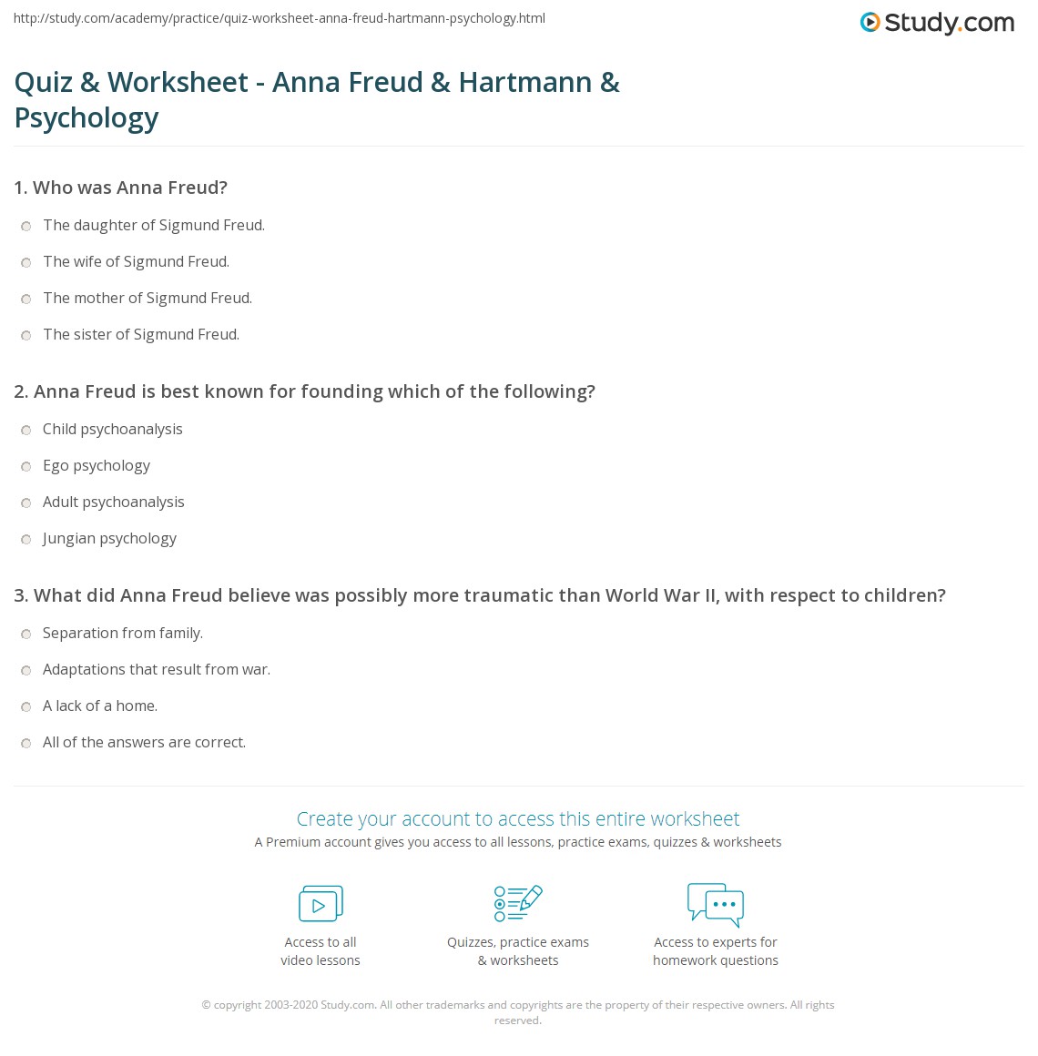 Quiz & Worksheet - Anna Freud & Hartmann & Psychology | Study.com