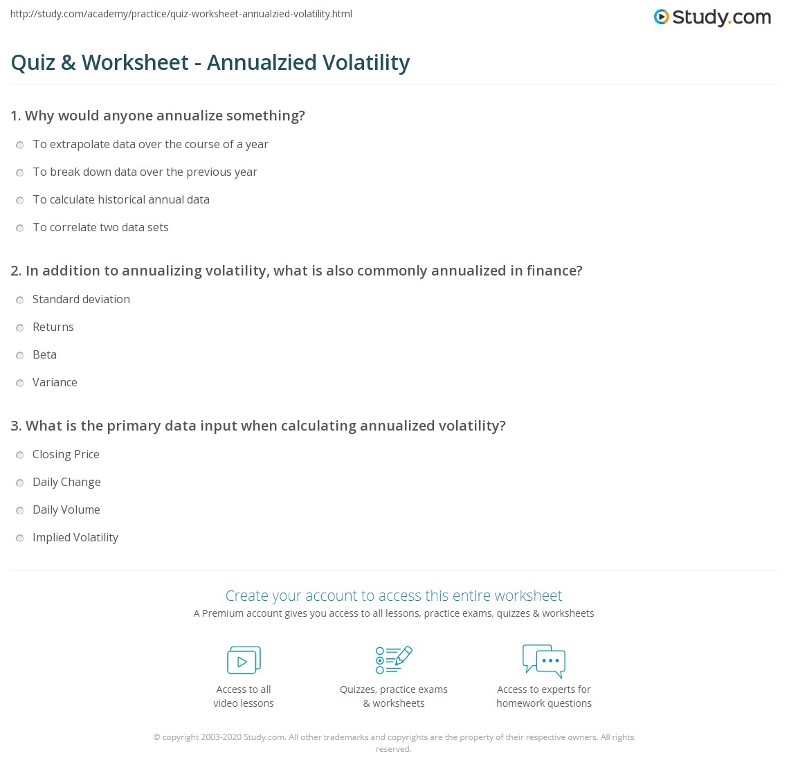 Quiz & Worksheet - Annualzied Volatility | Study.com
