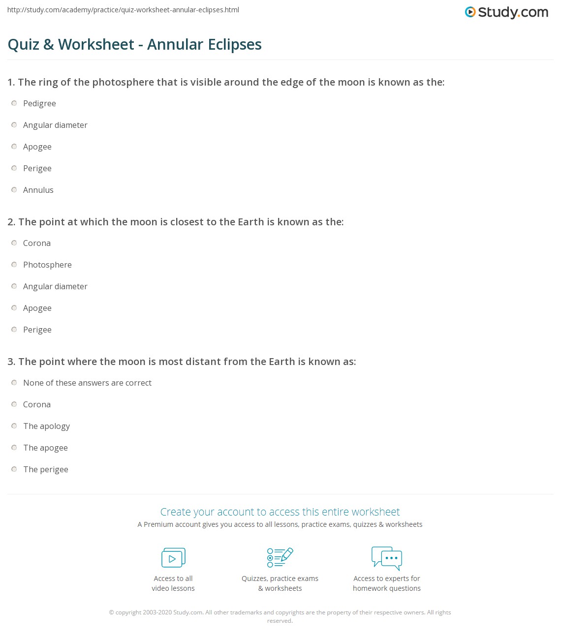 Quiz & Worksheet - Annular Eclipses | Study.com