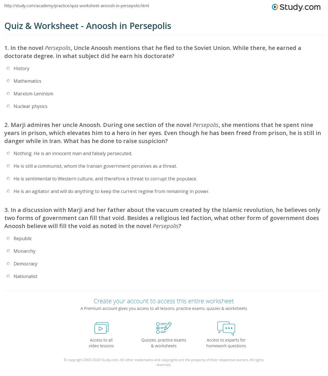 Quiz & Worksheet - Anoosh in Persepolis | Study.com