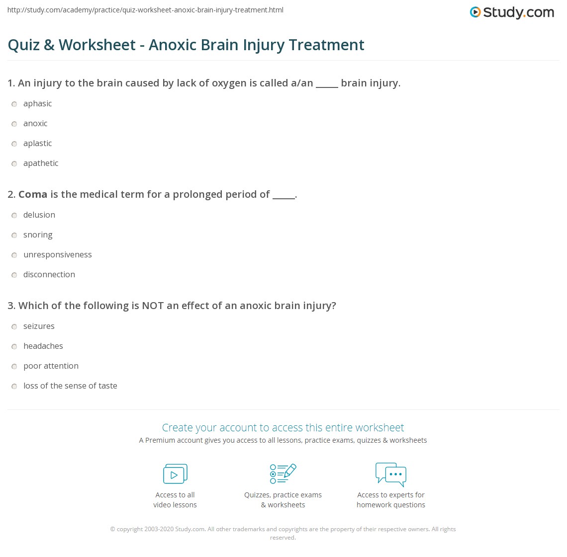 Quiz & Worksheet - Anoxic Brain Injury Treatment | Study.com