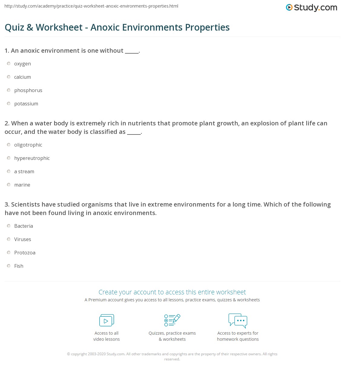 Quiz & Worksheet - Anoxic Environments Properties | Study.com