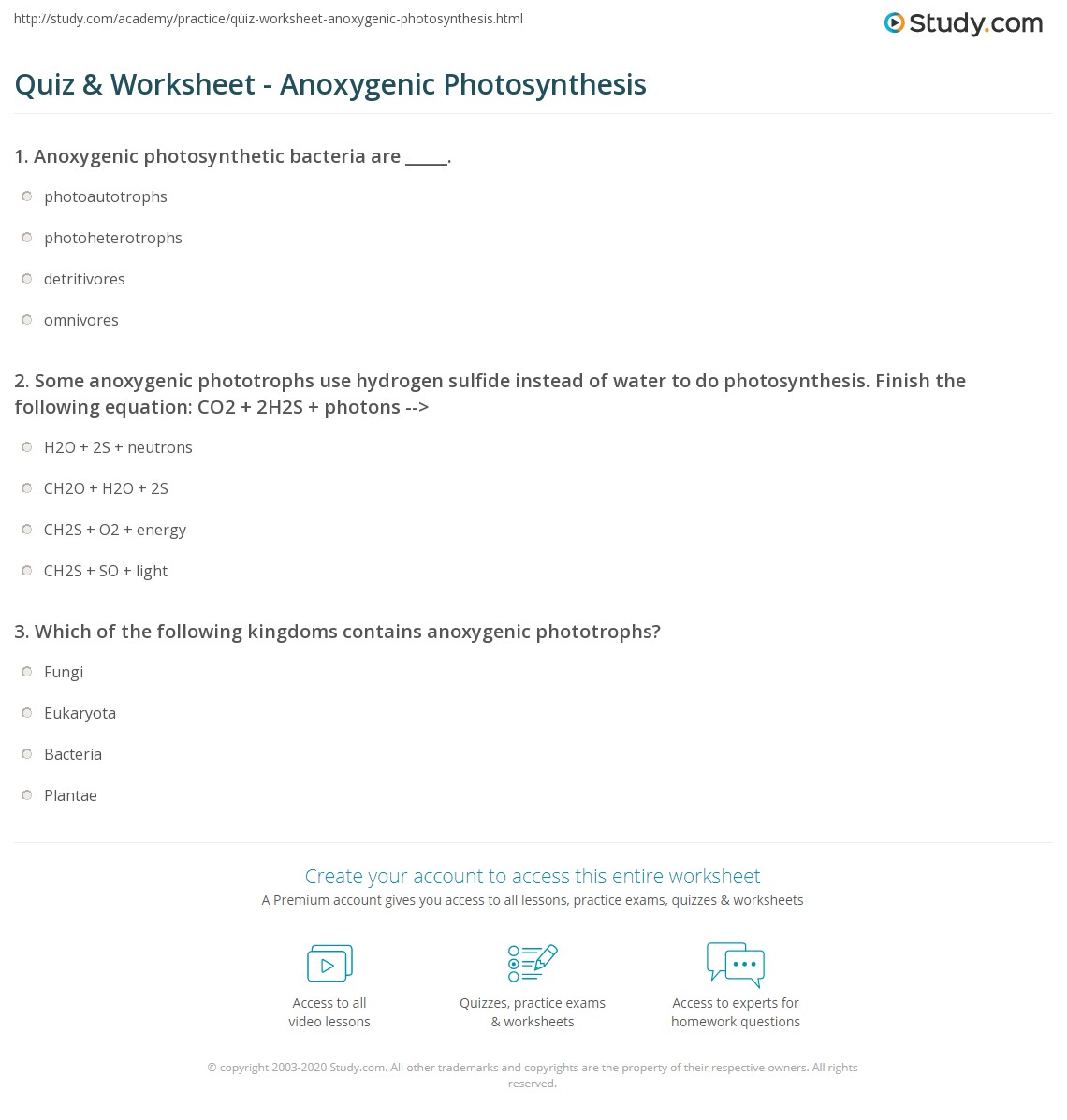 Quiz & Worksheet - Anoxygenic Photosynthesis | Study.com