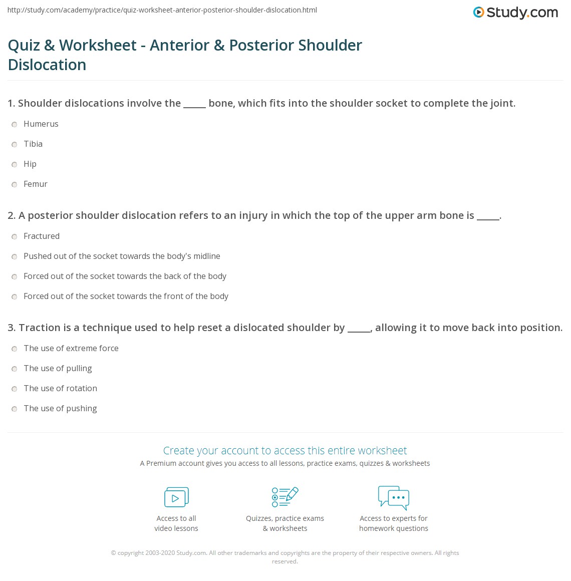 Quiz & Worksheet - Anterior & Posterior Shoulder Dislocation | Study.com